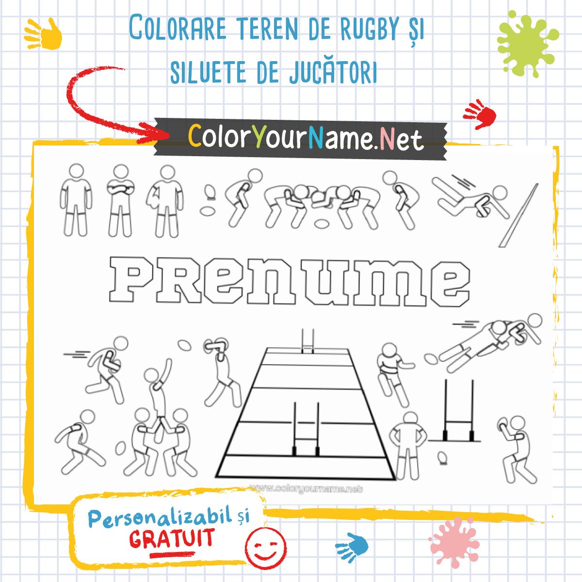 Colorare teren de rugby și siluete de jucători