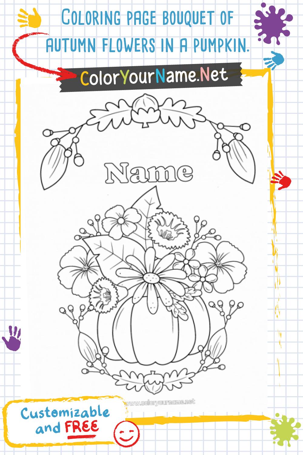 Coloring page bouquet of autumn flowers in a pumpkin.
