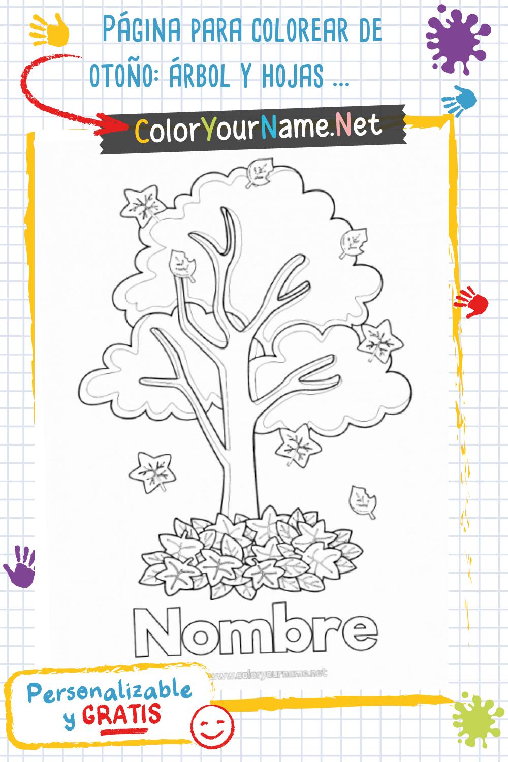 Página para colorear de otoño: árbol y hojas que caen