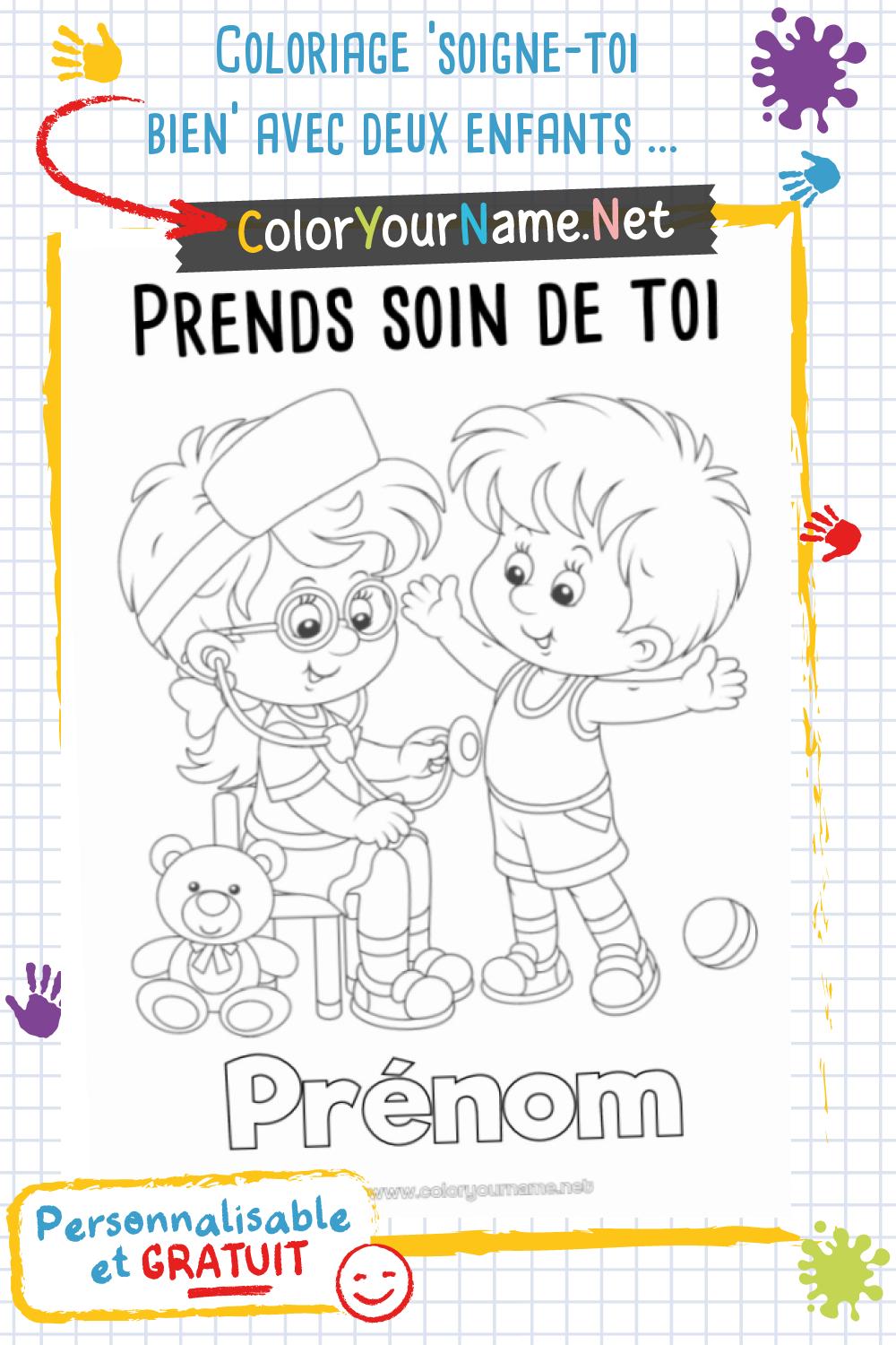 Coloriage 'soigne-toi bien' avec deux enfants qui jouent au médecin