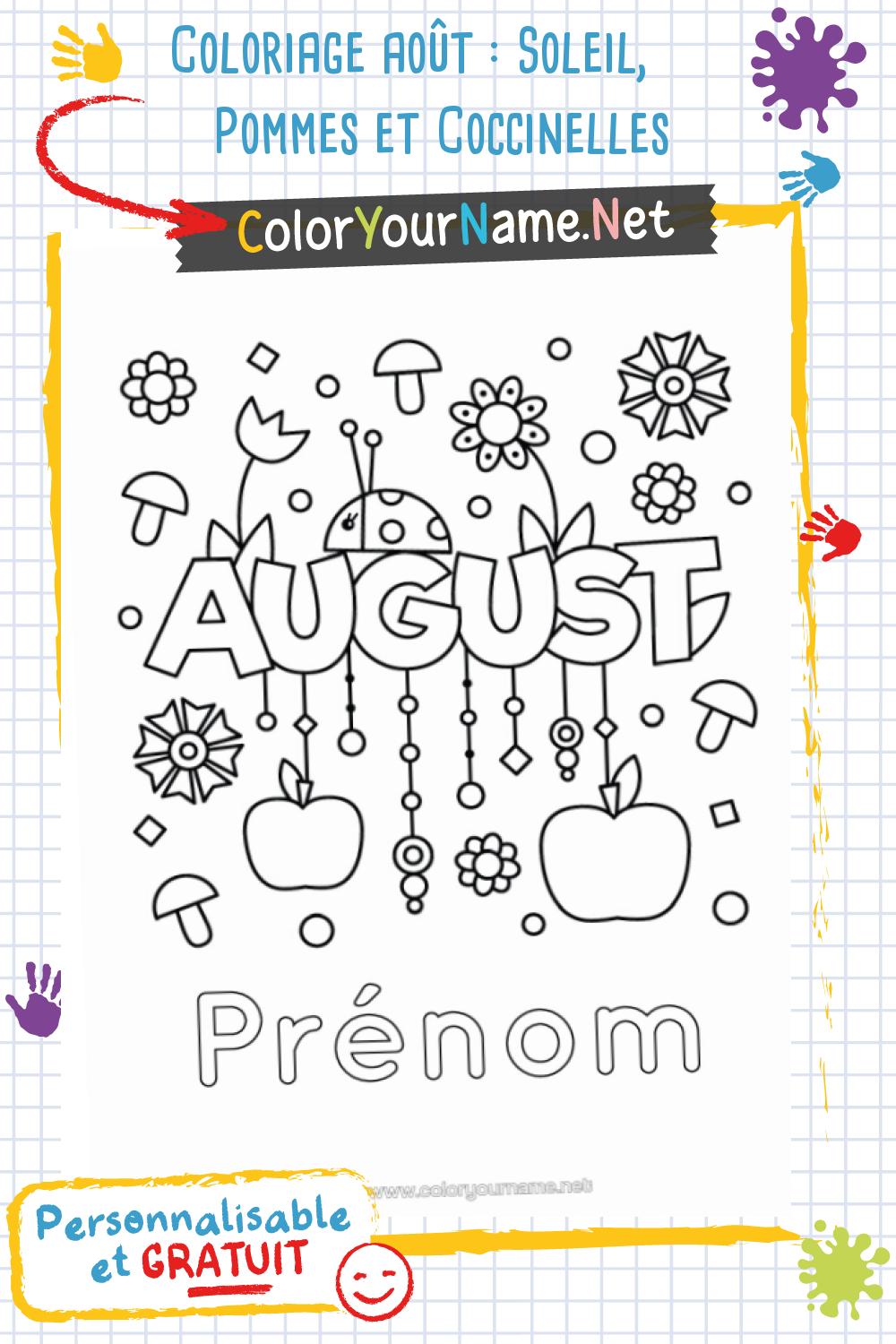 Coloriage août : Soleil, Pommes et Coccinelles