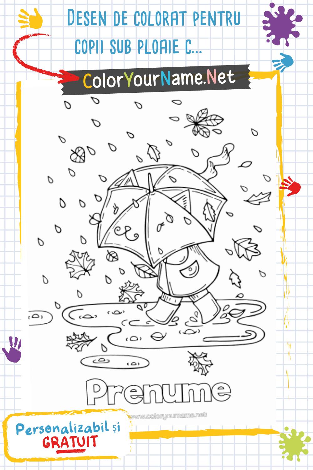 Desen de colorat pentru copii sub ploaie cu o umbrelă.