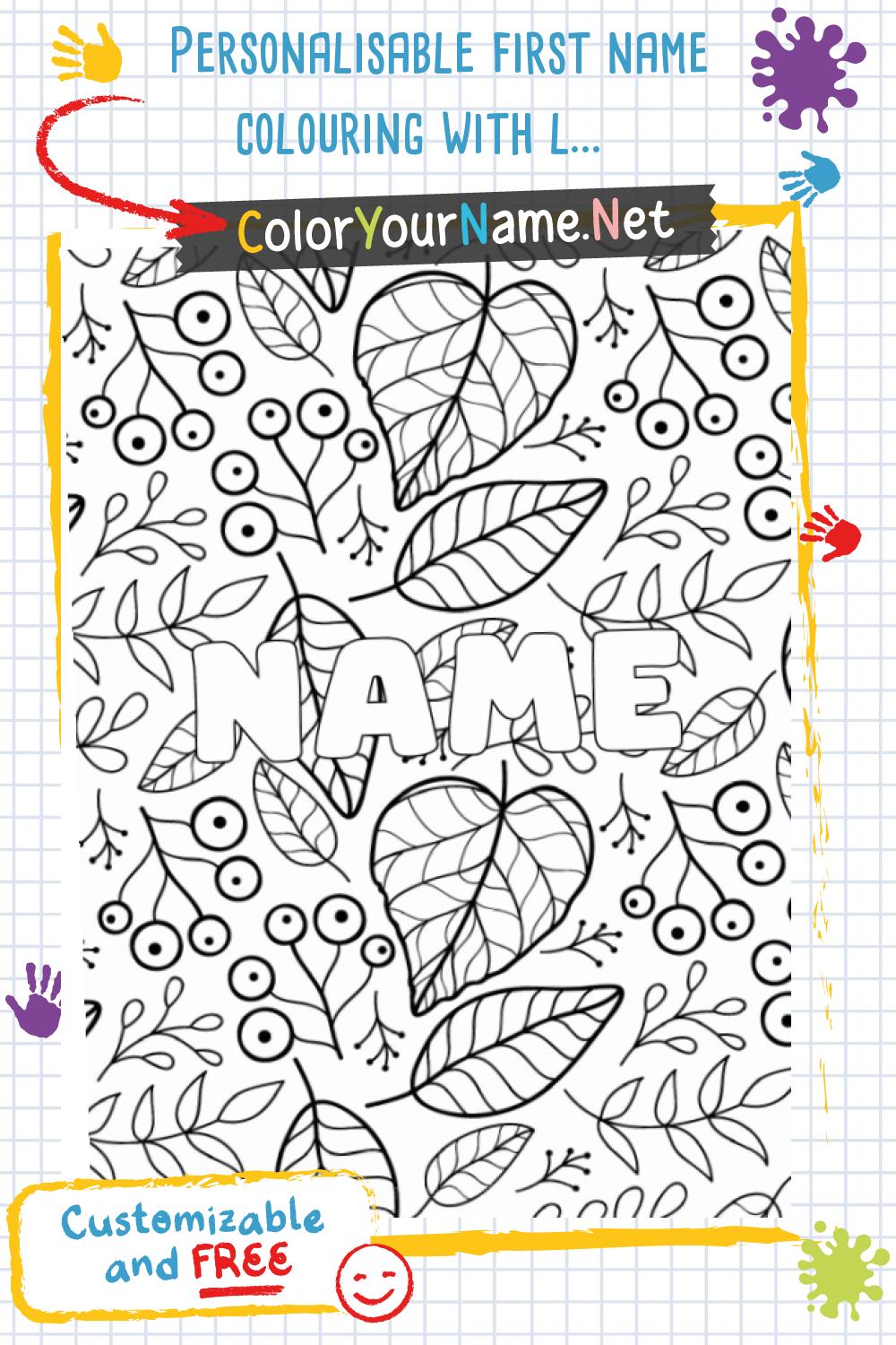 Personalisable first name colouring with leaf background