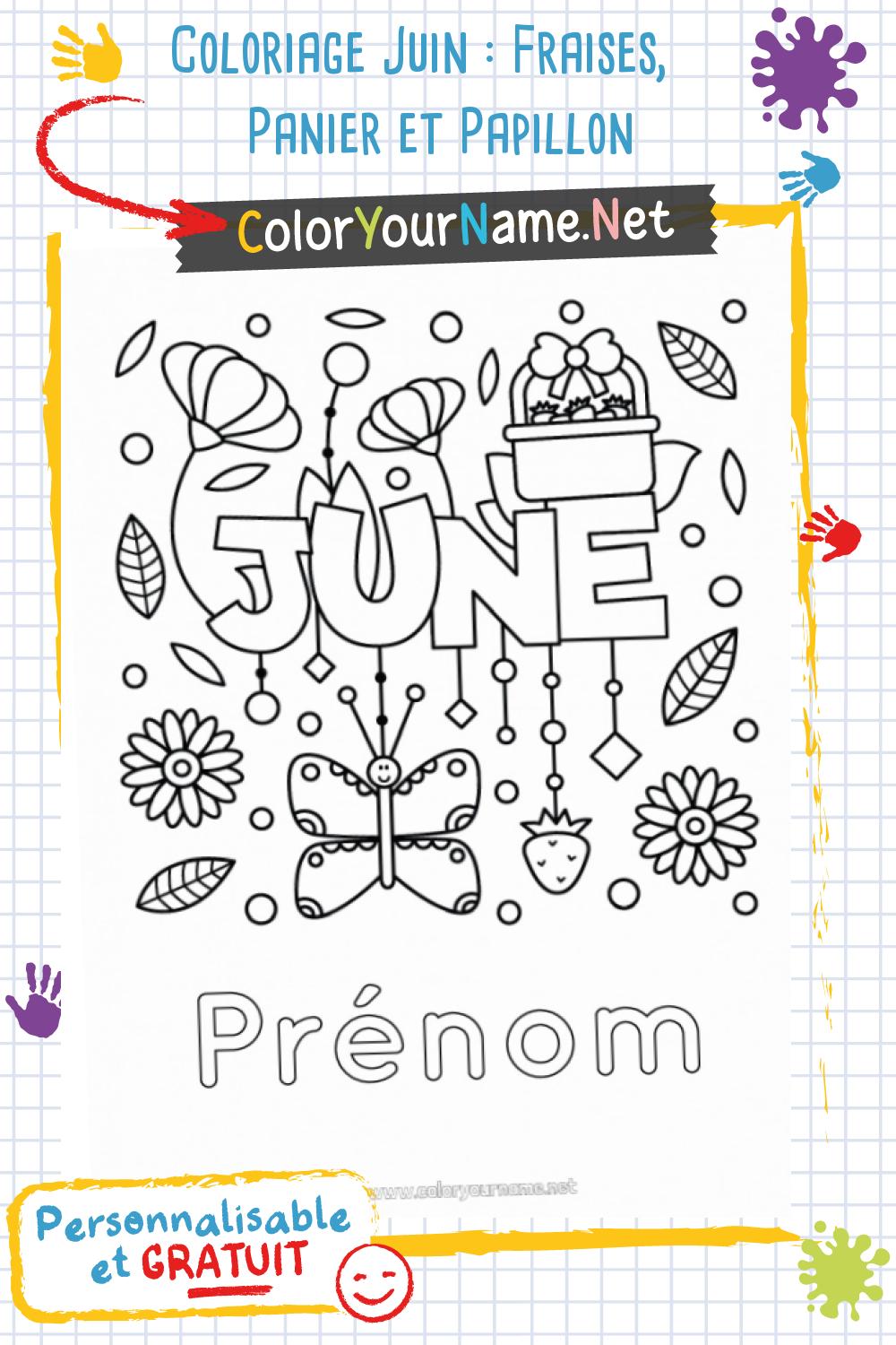 Coloriage Juin : Fraises, Panier et Papillon