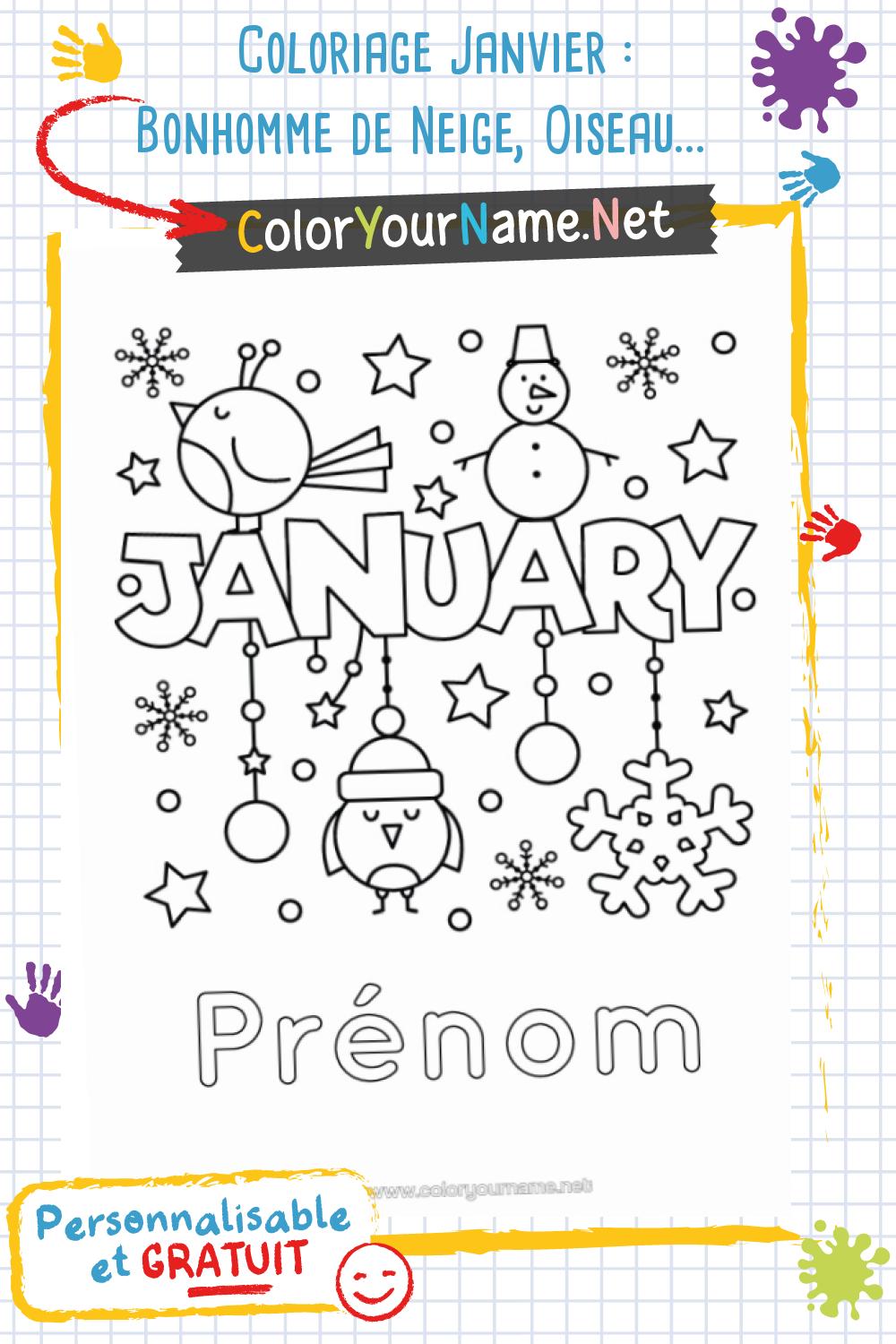 Coloriage Janvier : Bonhomme de Neige, Oiseau et Étoiles