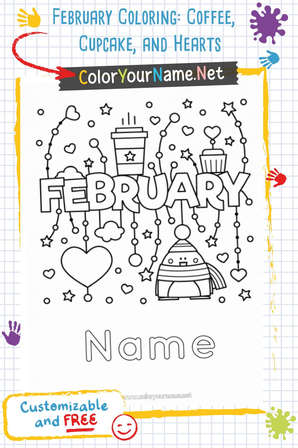 February Coloring: Coffee, Cupcake, and Hearts