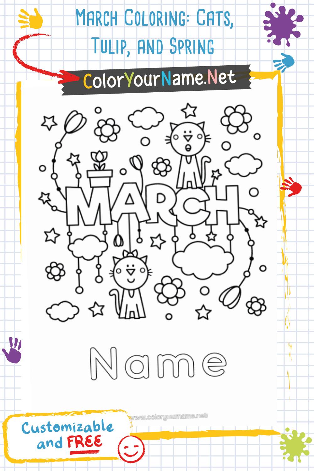 March Coloring: Cats, Tulip, and Spring
