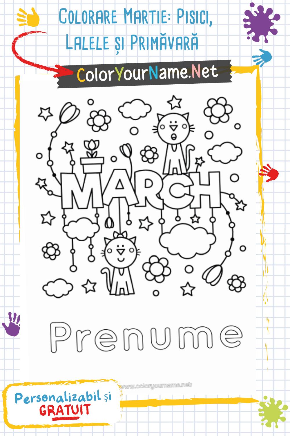 Colorare Martie: Pisici, Lalele și Primăvară