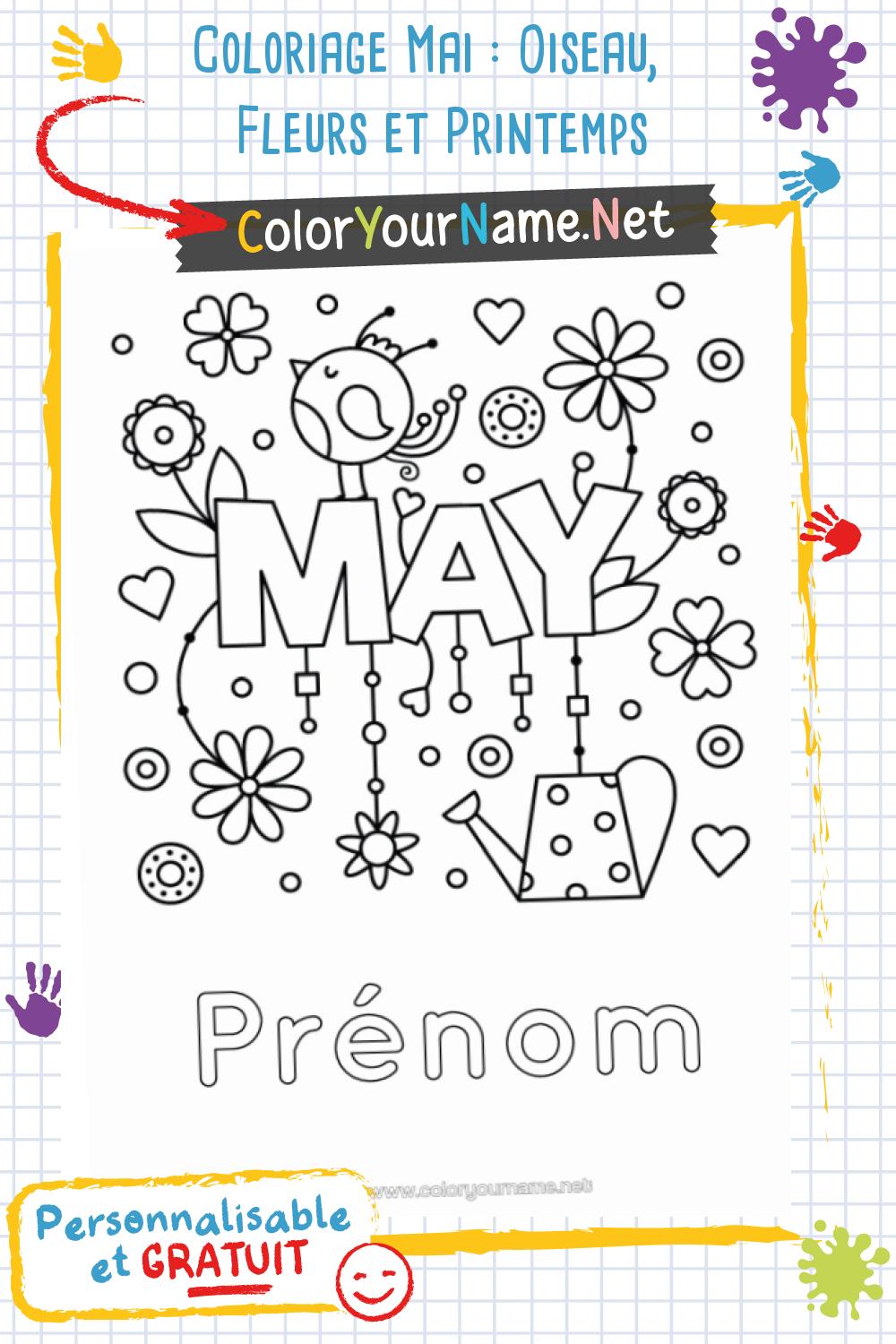 Coloriage Mai : Oiseau, Fleurs et Printemps