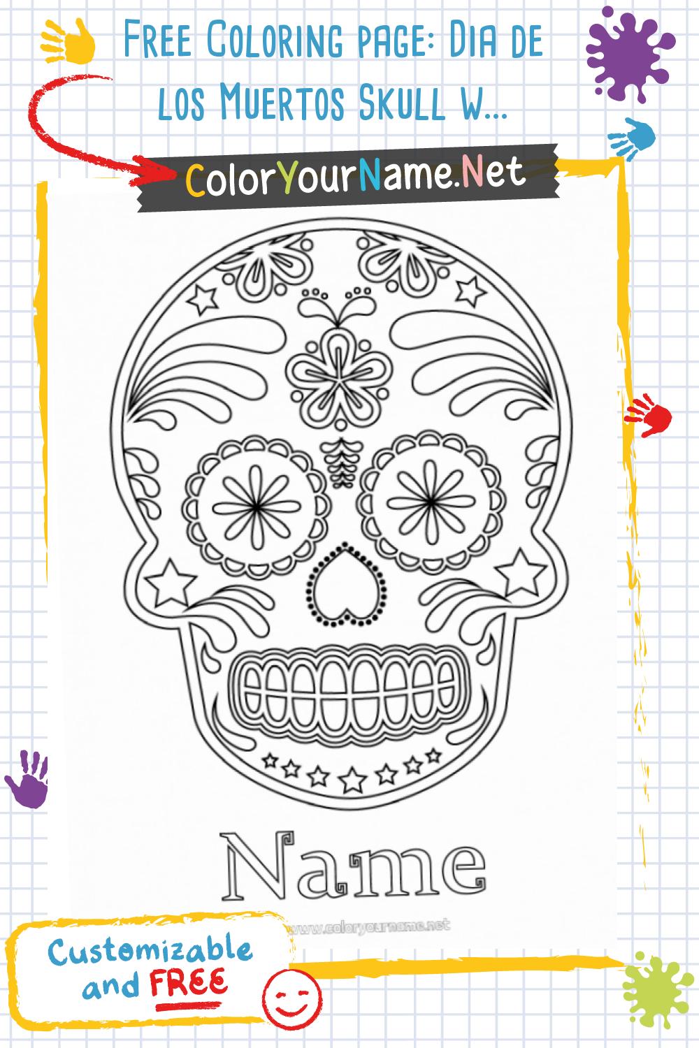 Free Coloring page: Dia de los Muertos Skull with Flowers and Stars
