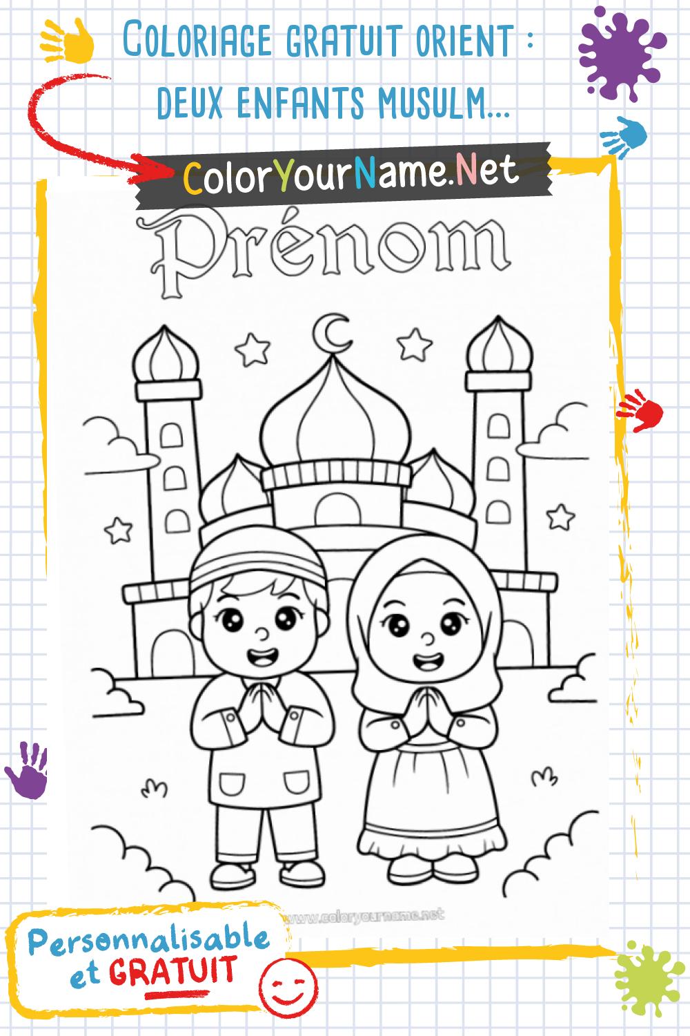 Coloriage gratuit orient : deux enfants musulmans devant une mosquée