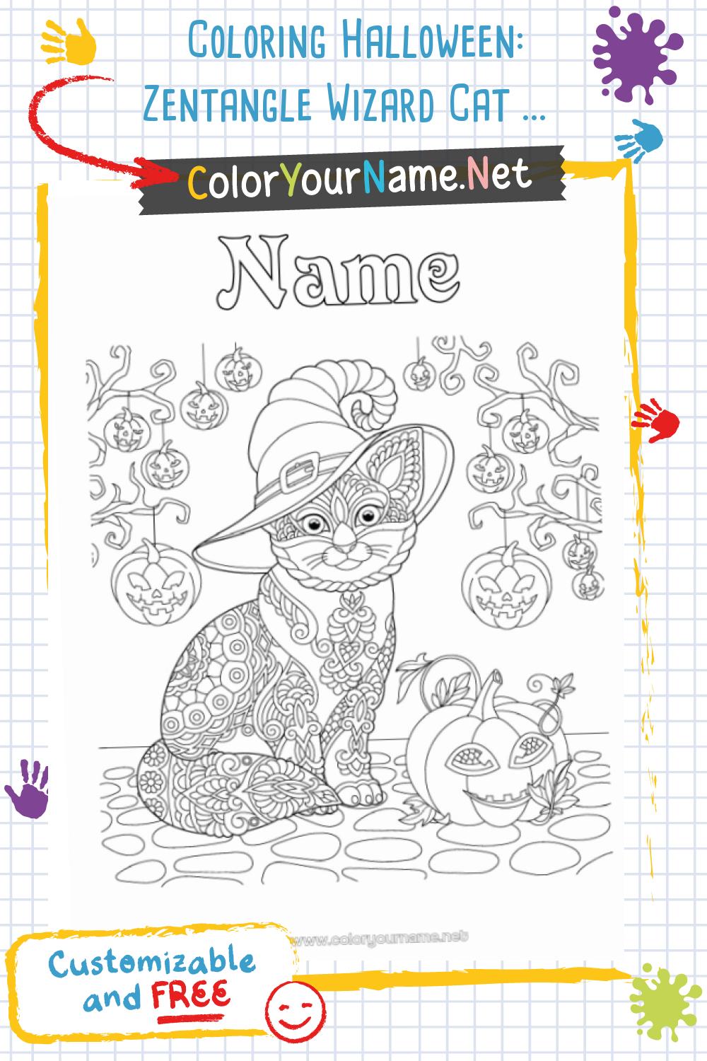 Coloring Halloween: Zentangle Wizard Cat and Pumpkins