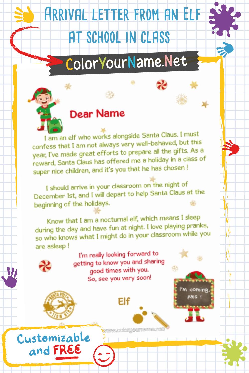 Arrival letter from an Elf at school in class