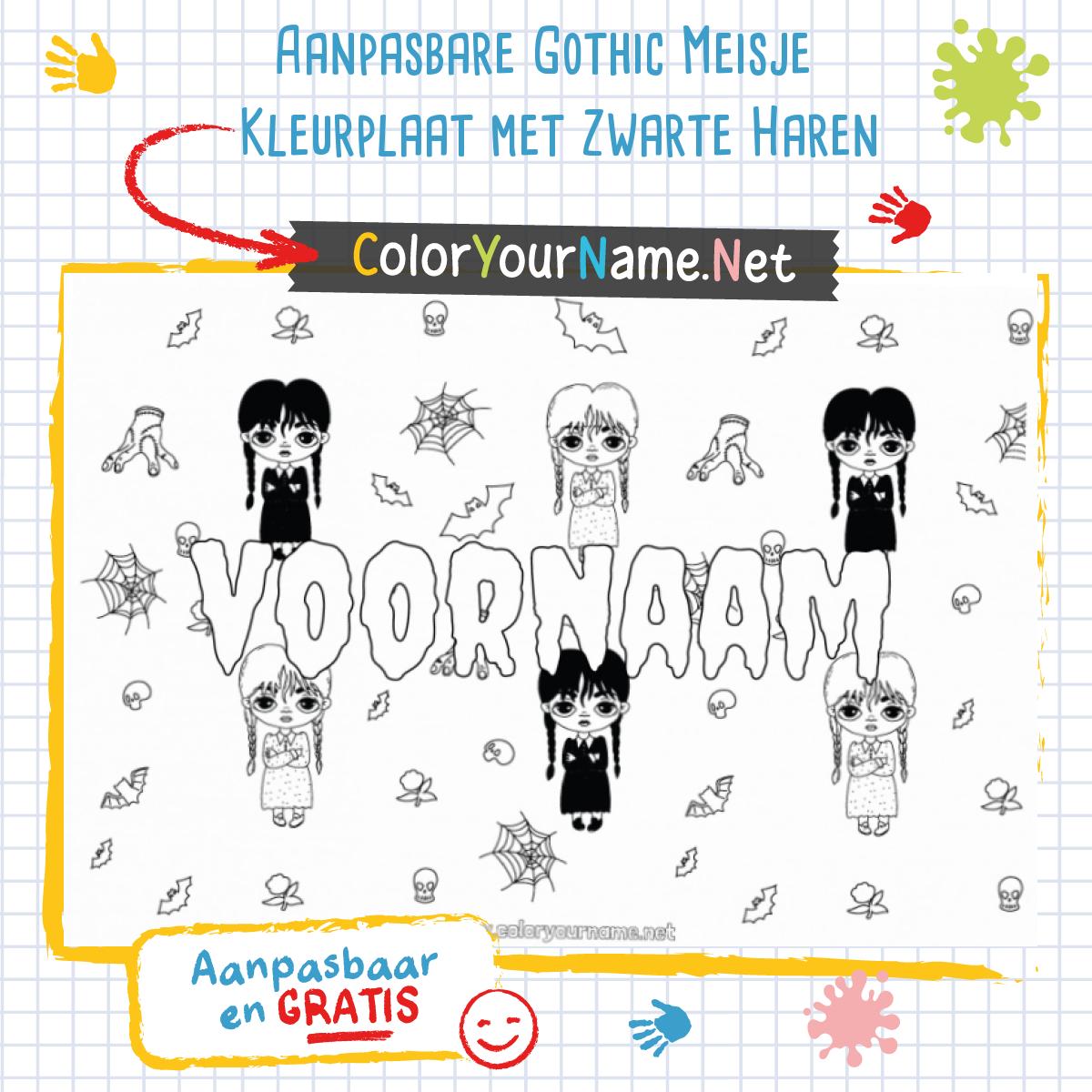 Aanpasbare Gothic Meisje Kleurplaat met Zwarte Haren