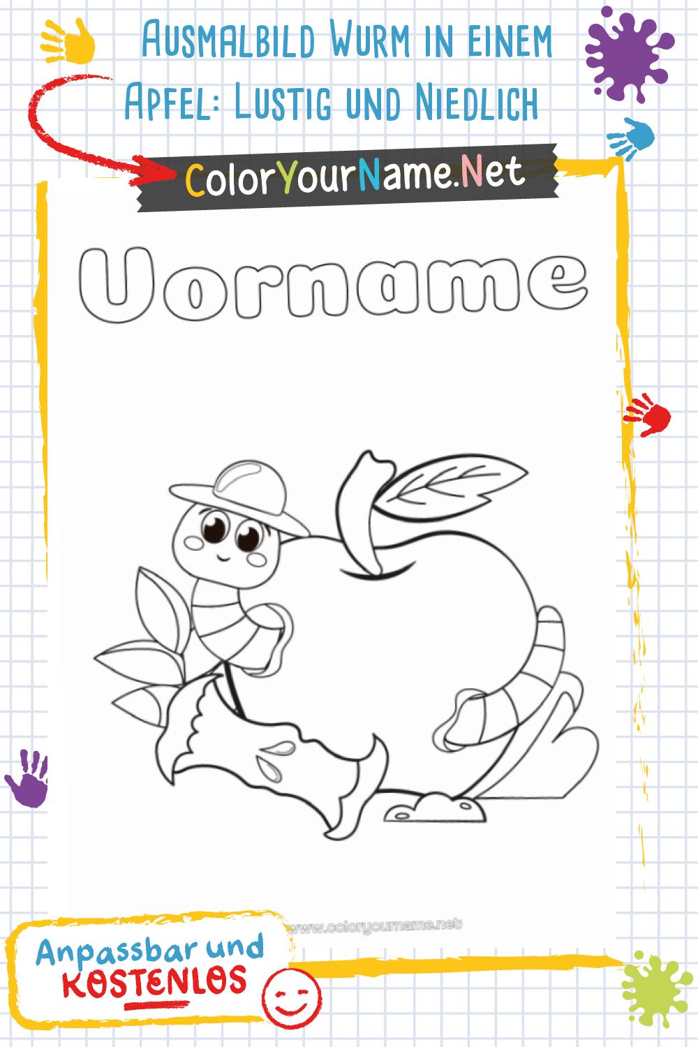 Ausmalbild Wurm in einem Apfel: Lustig und Niedlich
