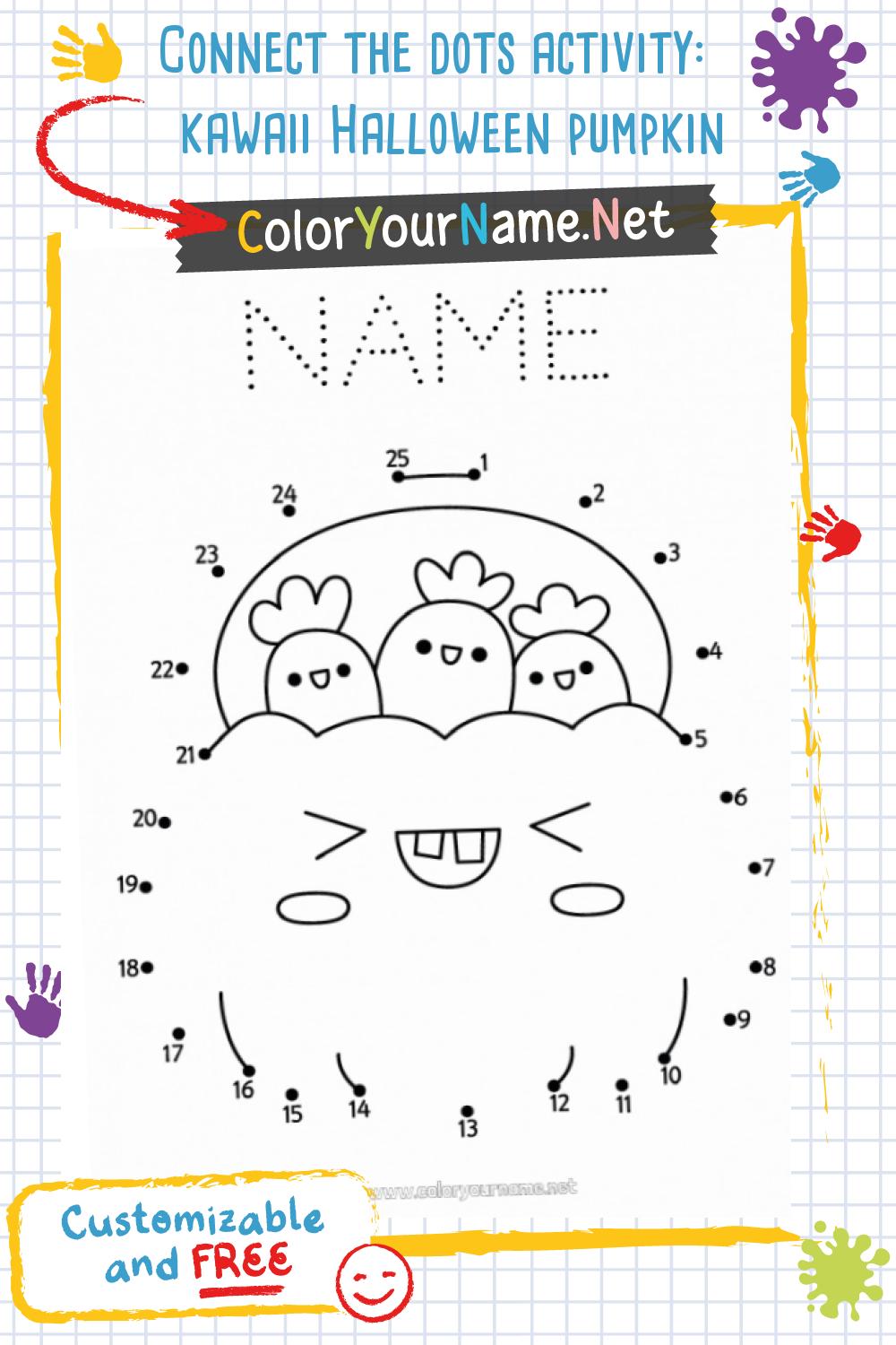 Connect the dots activity: kawaii Halloween pumpkin