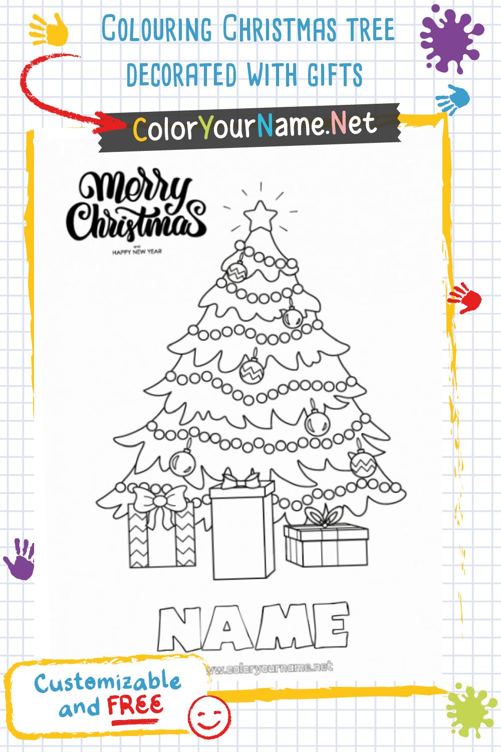 Colouring Christmas tree decorated with gifts