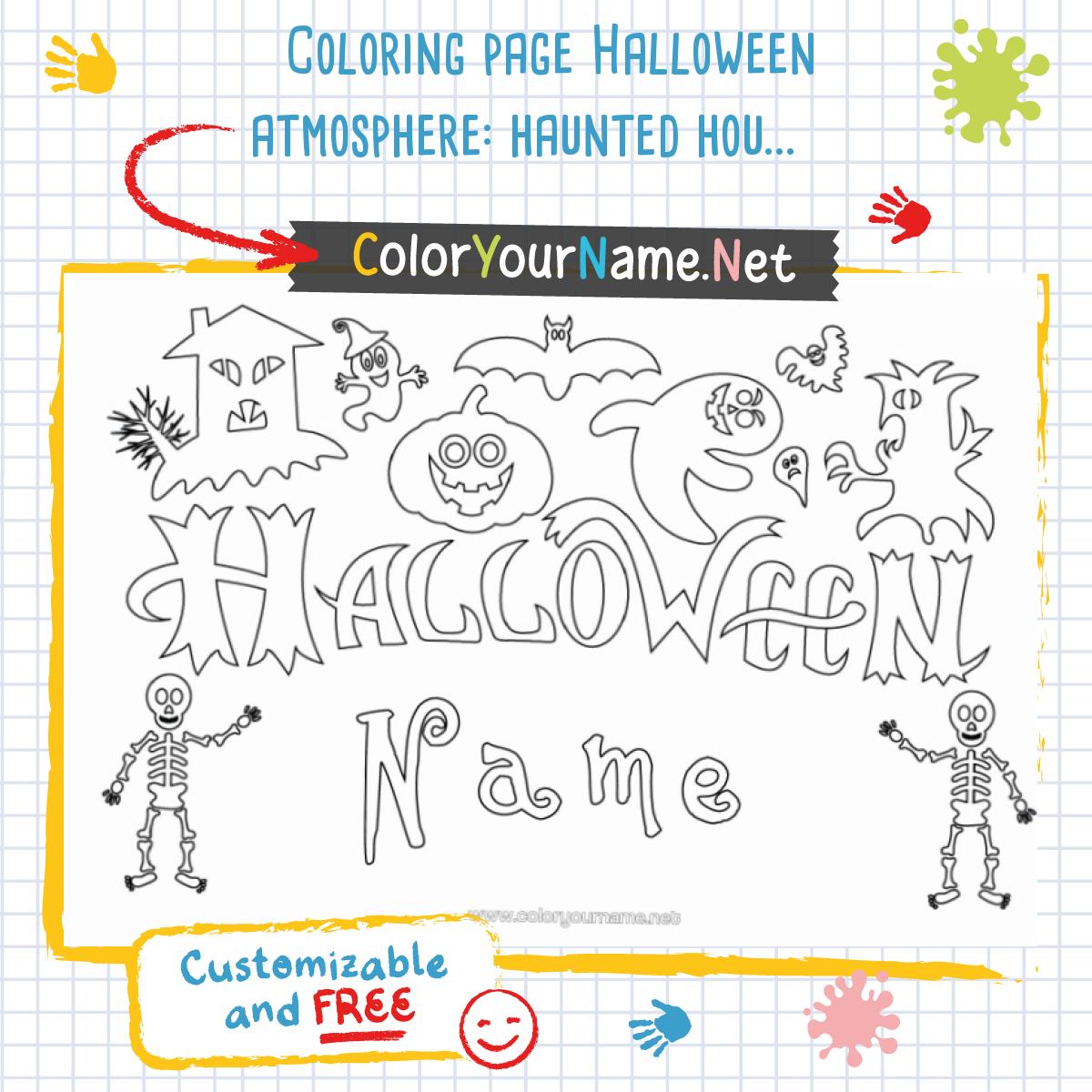 Coloring page Halloween atmosphere: haunted house, tree