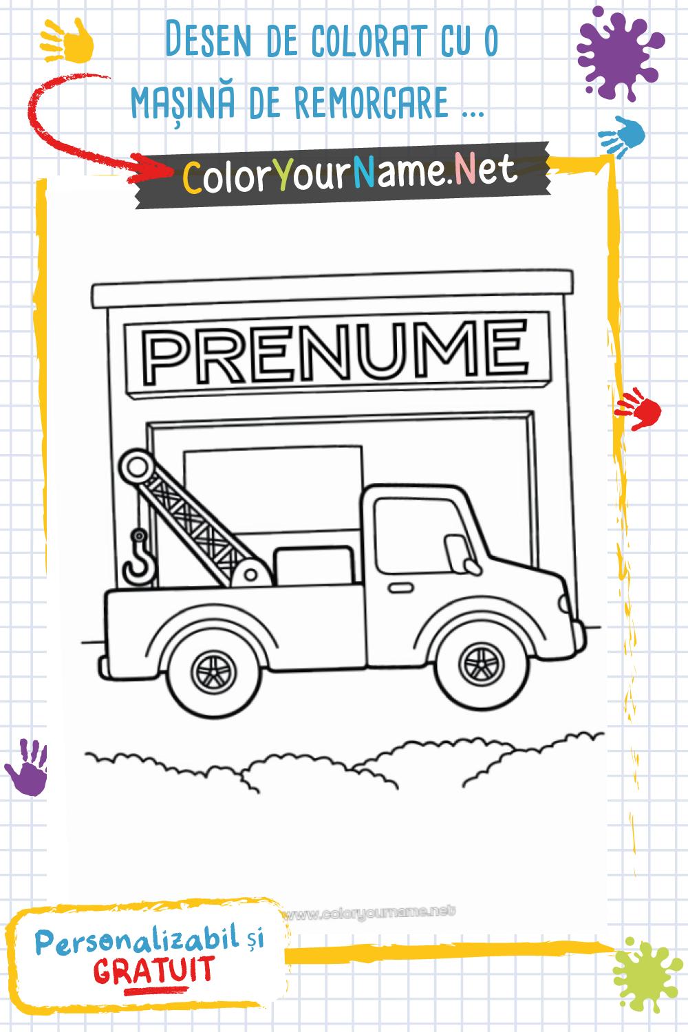 Desen de colorat cu o mașină de remorcare în fața unui garaj.