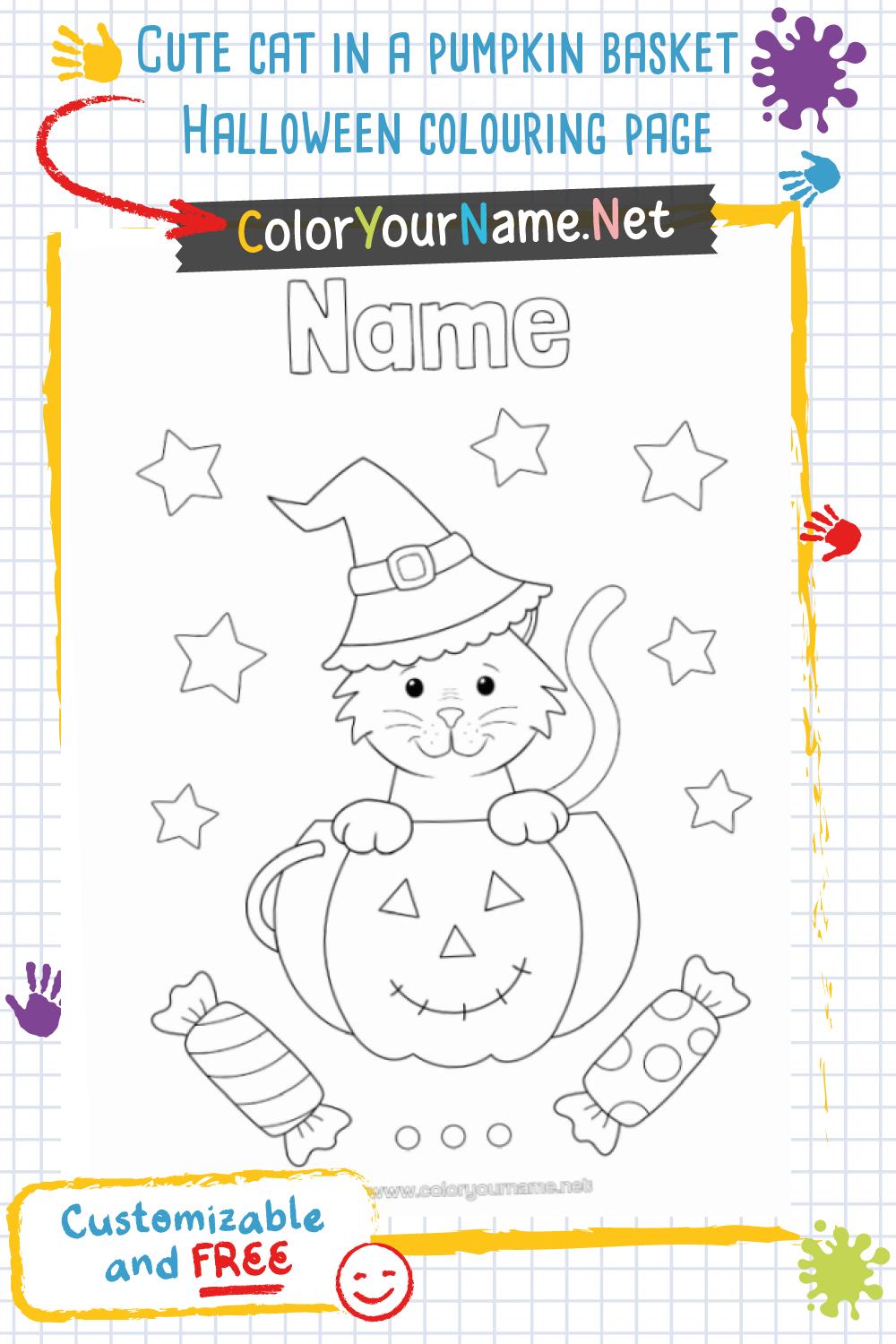 Cute cat in a pumpkin basket Halloween colouring page