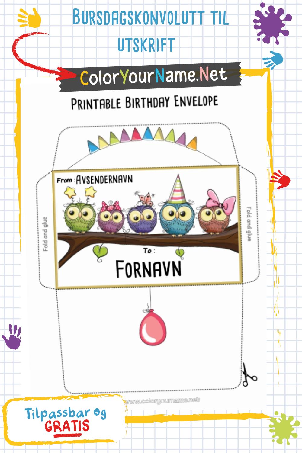Bursdagskonvolutt til utskrift