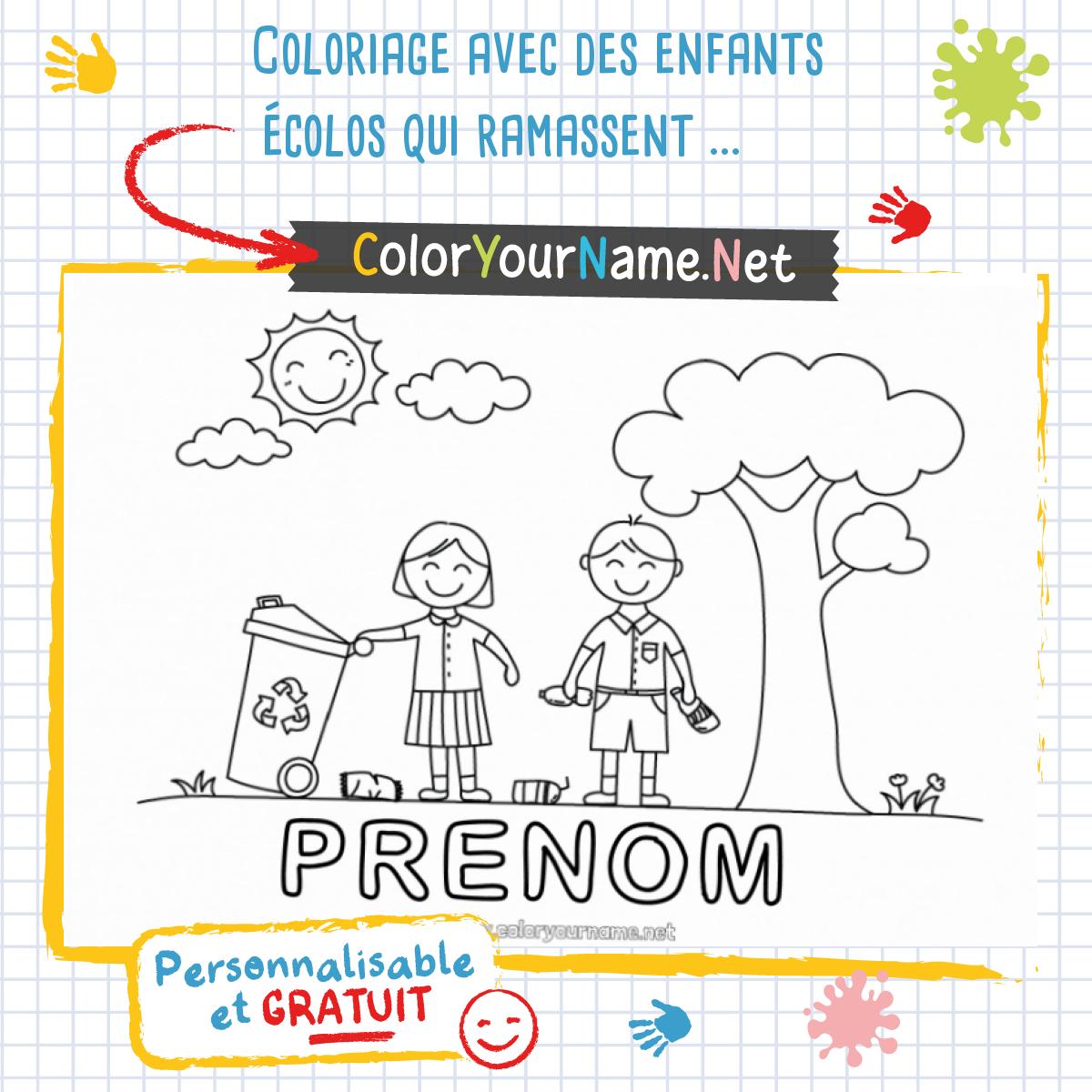 Coloriage avec des enfants écolos qui ramassent les déchets