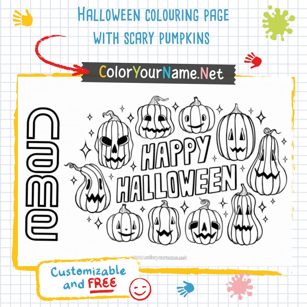 Halloween colouring page with scary pumpkins