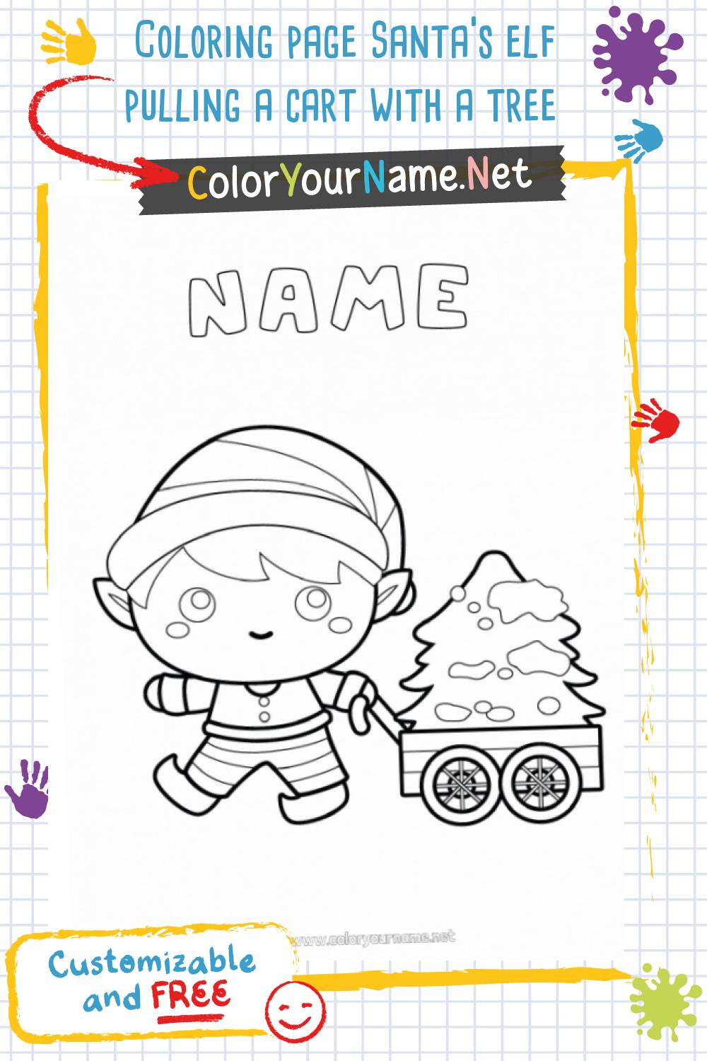 Coloring page Santa's elf pulling a cart with a tree