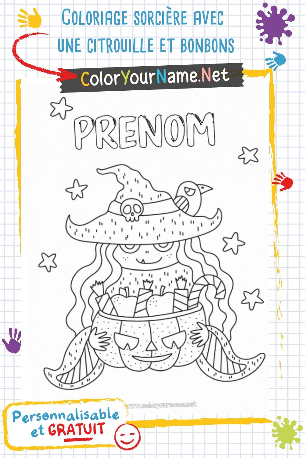 Coloriage sorcière avec une citrouille et bonbons