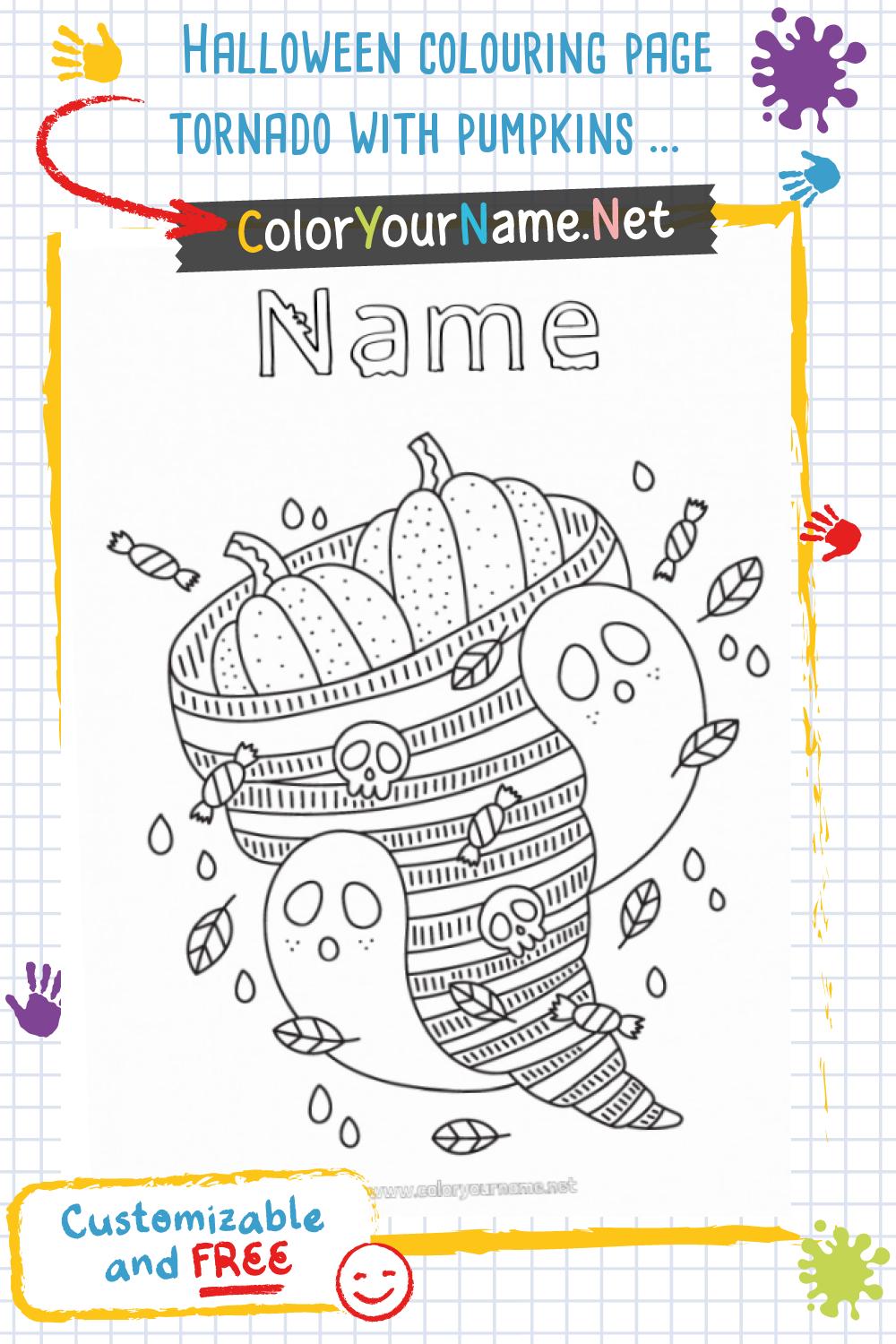 Halloween colouring page tornado with pumpkins and ghosts