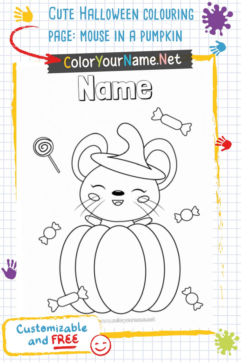 Cute Halloween colouring page: mouse in a pumpkin