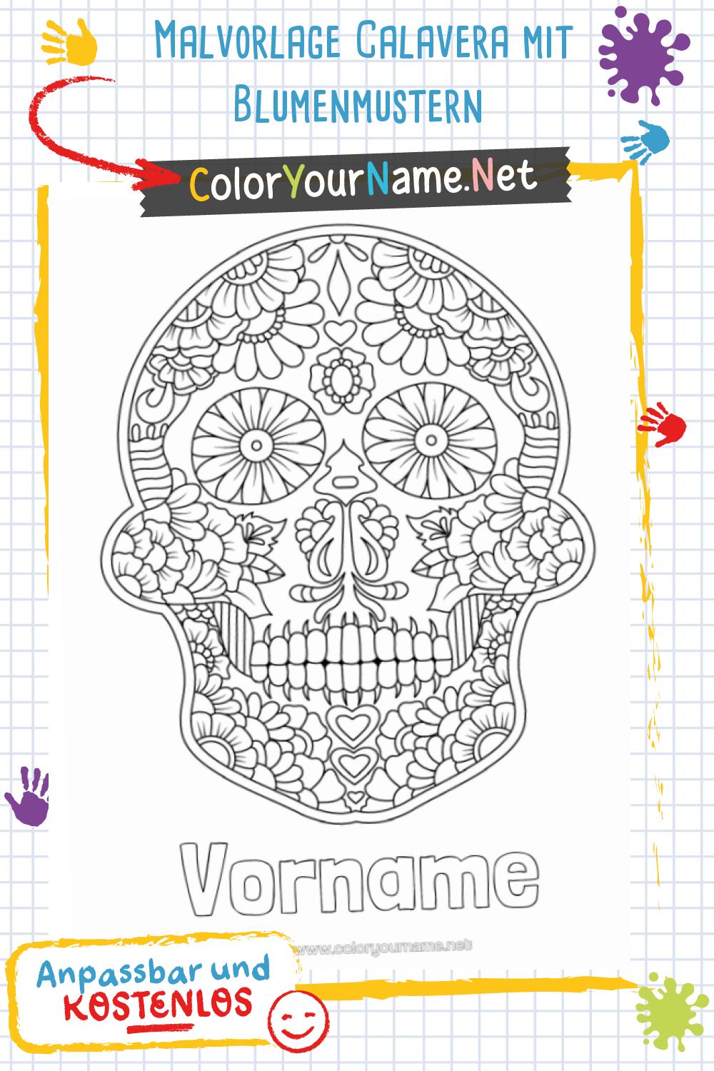 Malvorlage Calavera mit Blumenmustern