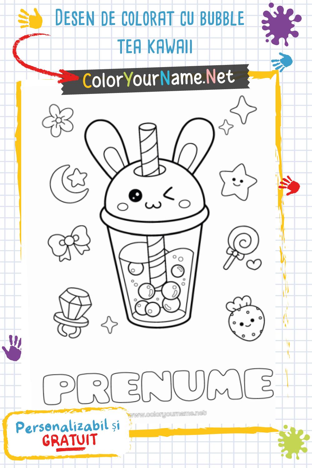 Desen de colorat cu bubble tea kawaii