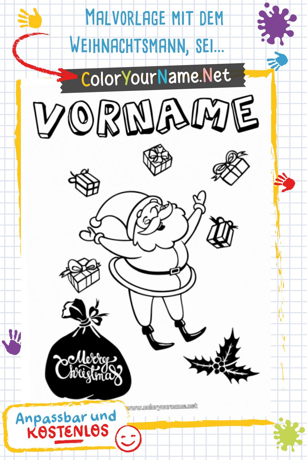 Malvorlage mit dem Weihnachtsmann, seinem Sack und Geschenken