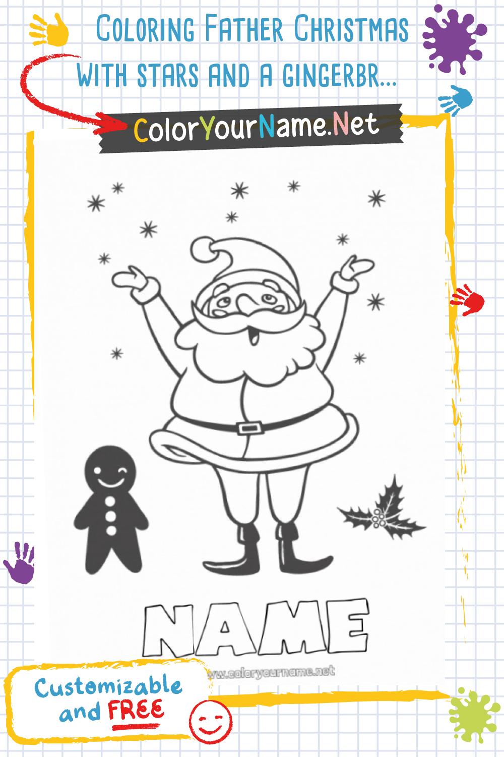 Coloring Father Christmas with stars and a gingerbread man
