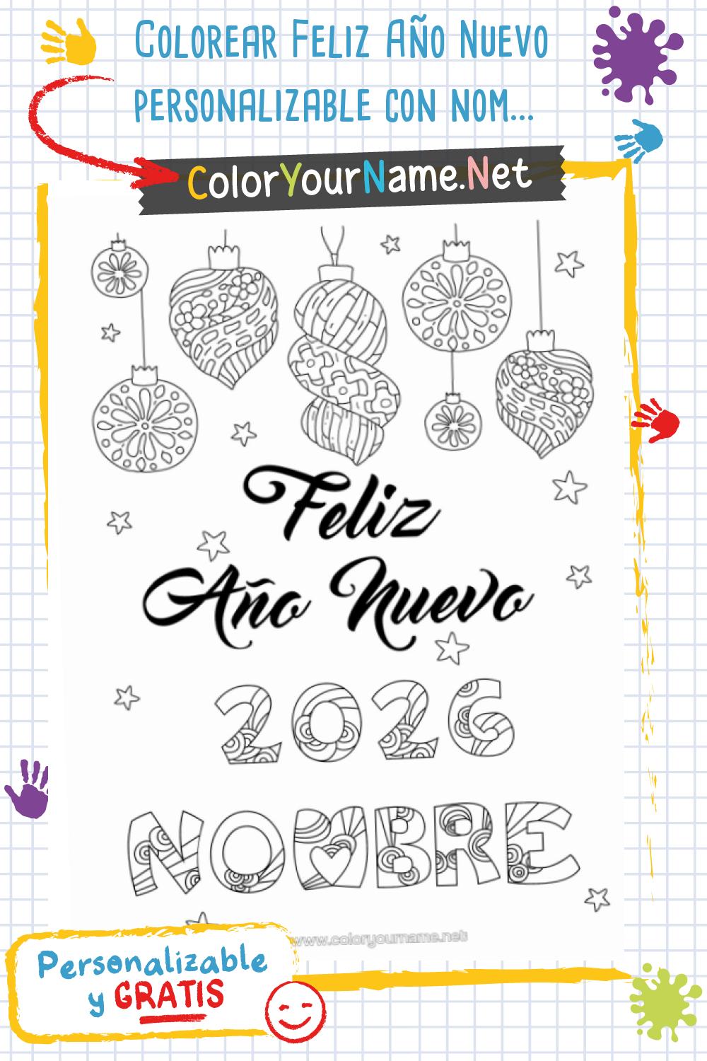 Colorear Feliz Año Nuevo personalizable con nombre y año