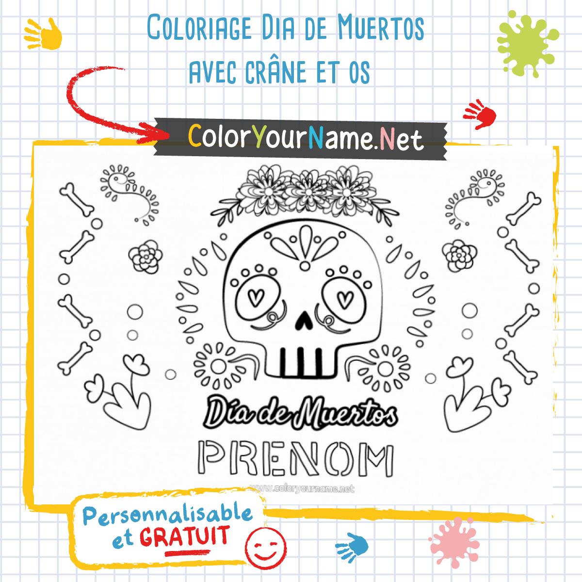 Coloriage Dia de Muertos avec crâne et os