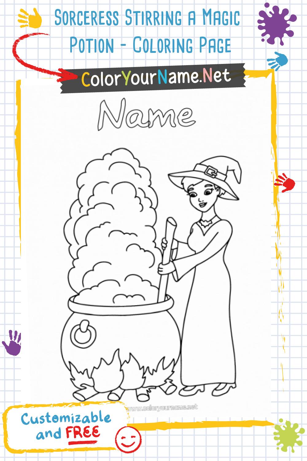 Sorceress Stirring a Magic Potion - Coloring Page