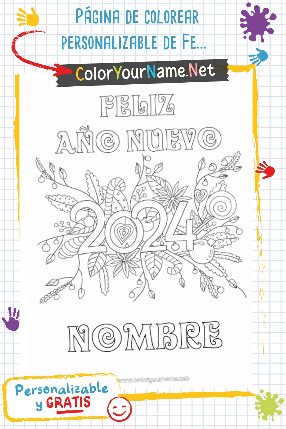 Página de colorear personalizable de Feliz Año Nuevo 2024