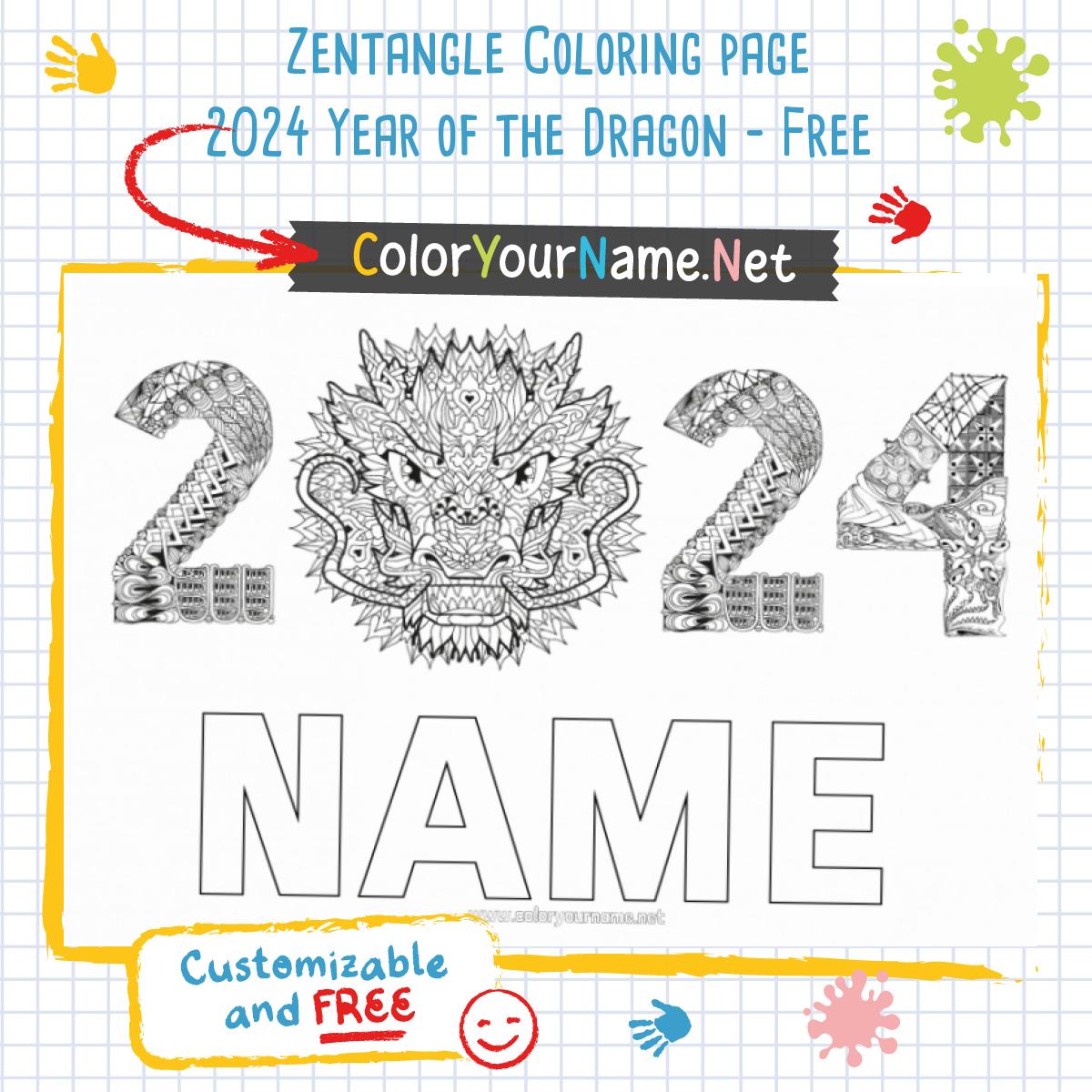 Zentangle Coloring page 2024 Year of the Dragon - Free