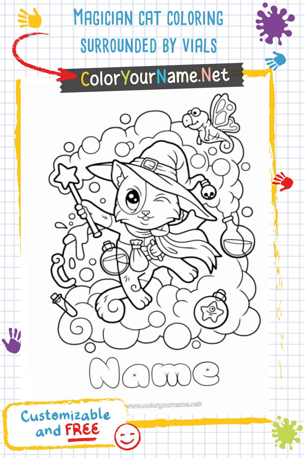 Magician cat coloring surrounded by vials