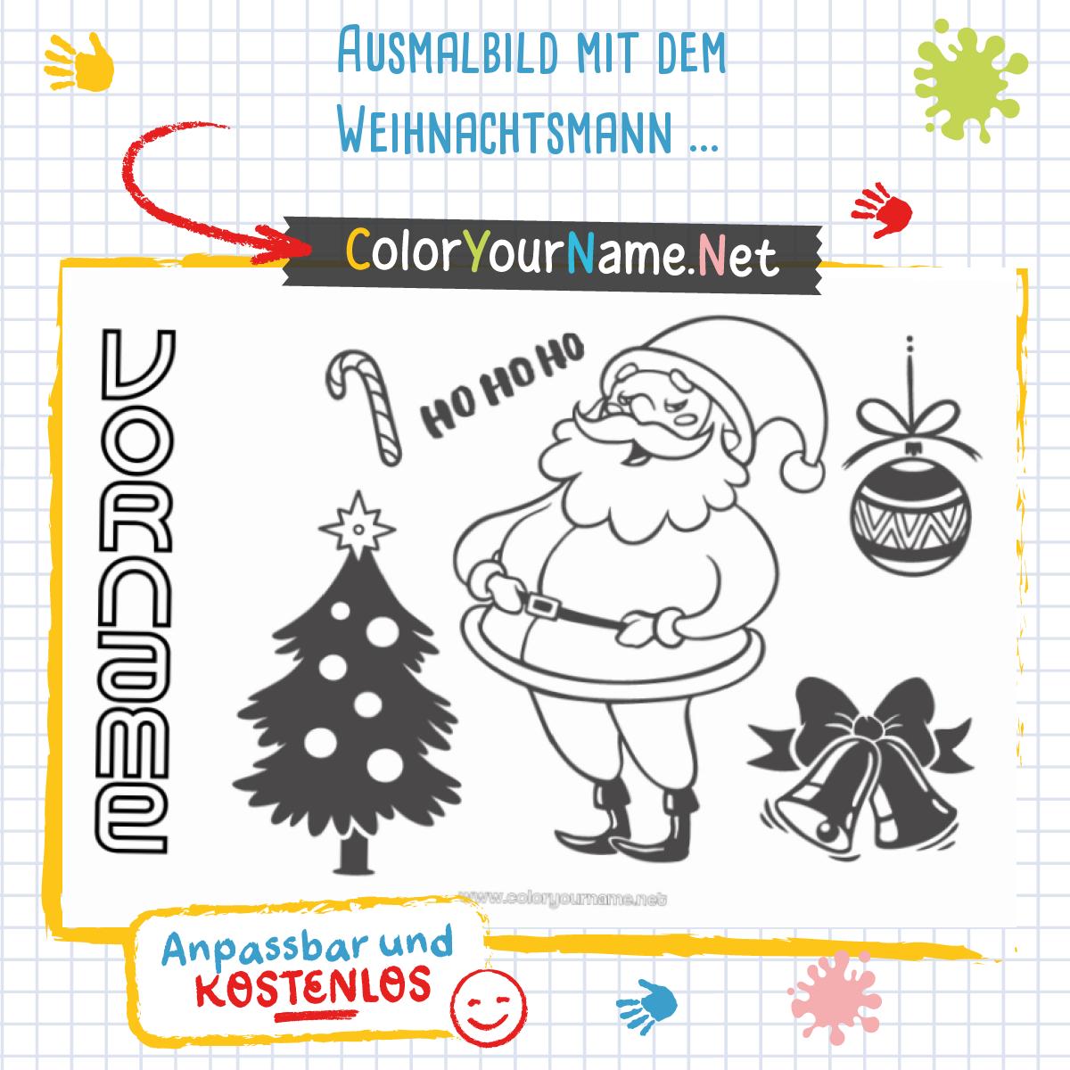 Ausmalbild mit dem Weihnachtsmann und Weihnachtsdekorationen