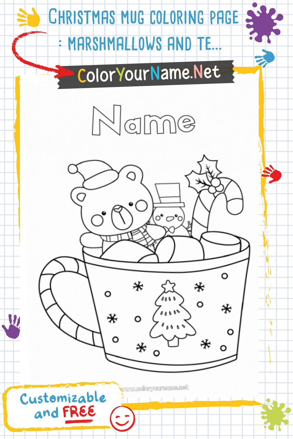 Christmas mug coloring page : marshmallows and teddy bears