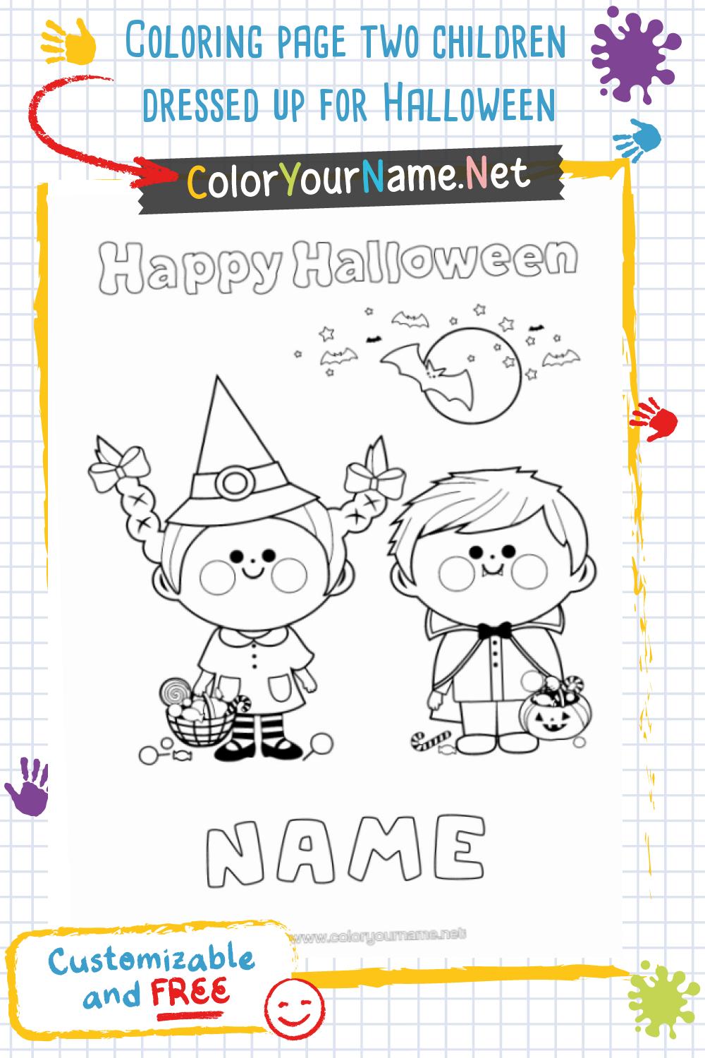 Coloring page two children dressed up for Halloween