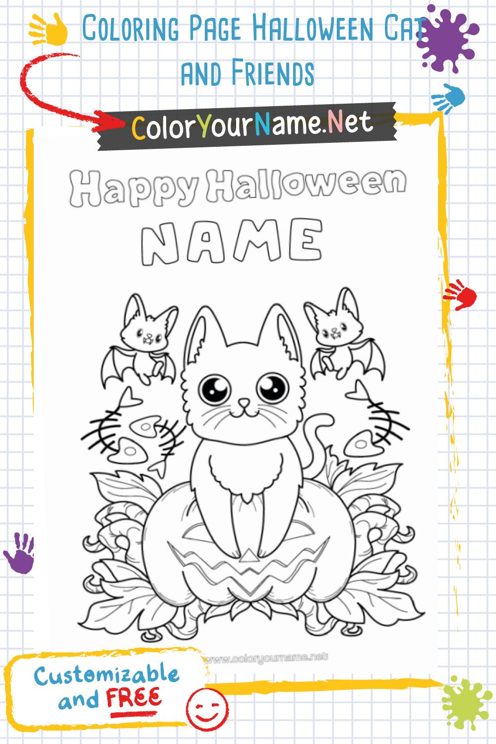 Coloring Page Halloween Cat and Friends