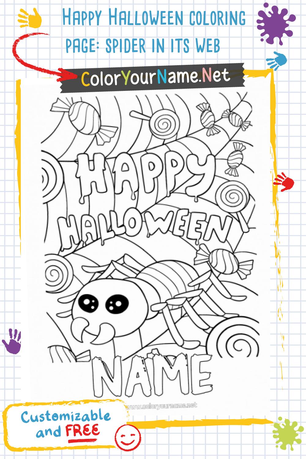 Happy Halloween coloring page: spider in its web