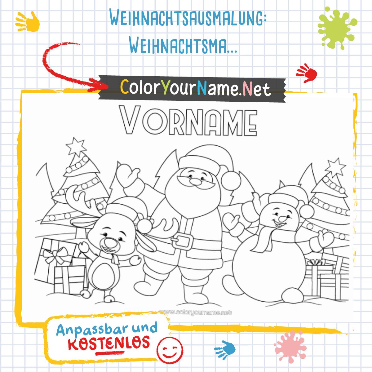 Weihnachtsausmalung: Weihnachtsmann, Schneemann und Rentier