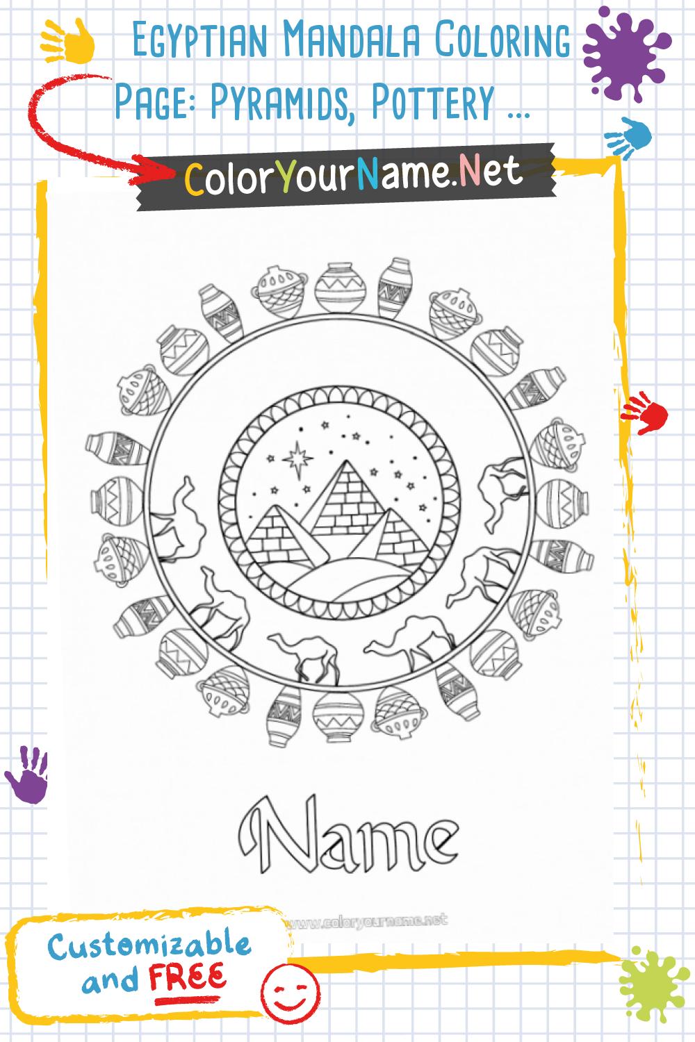Egyptian Mandala Coloring Page: Pyramids, Pottery and Camels