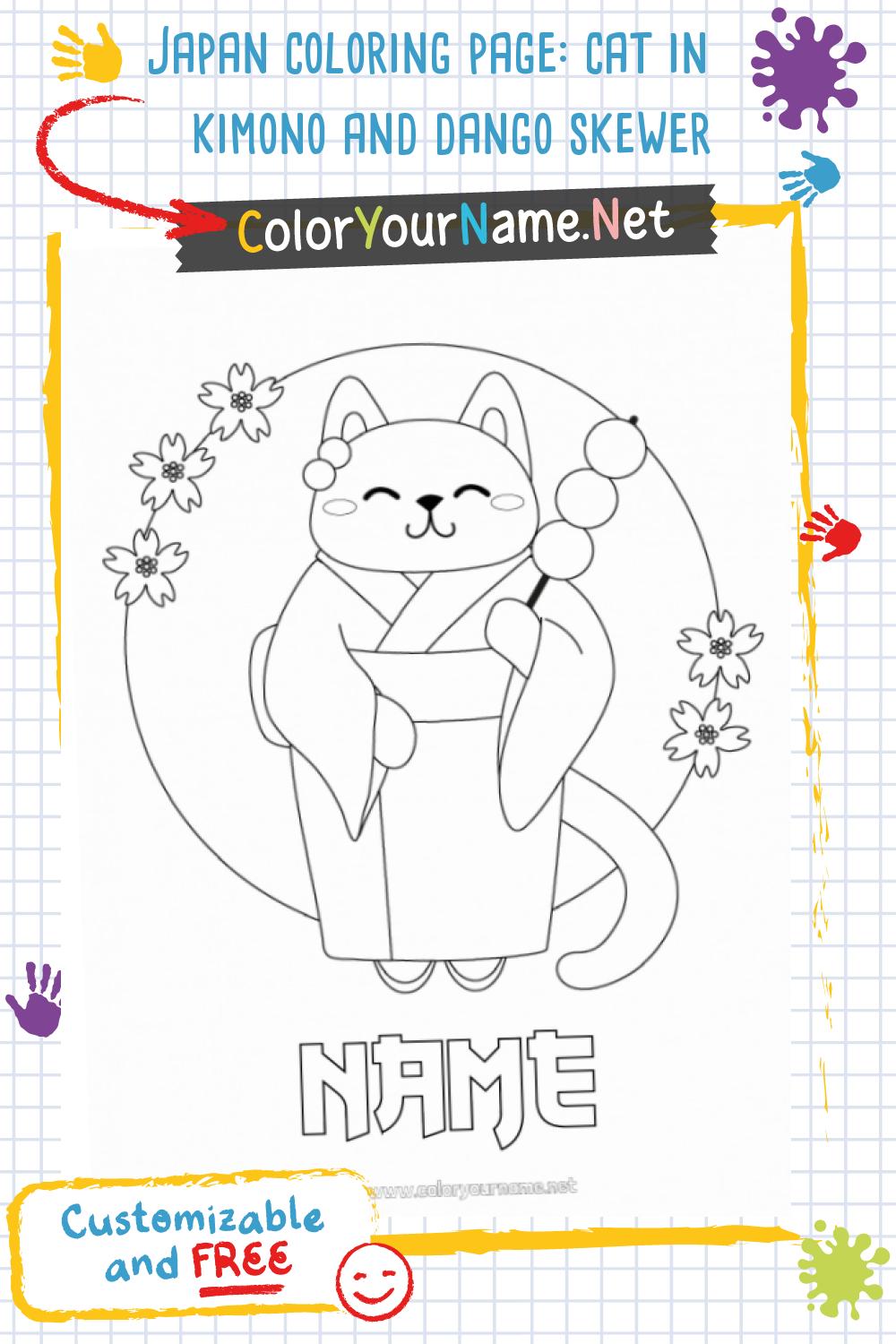 Japan coloring page: cat in kimono and dango skewer