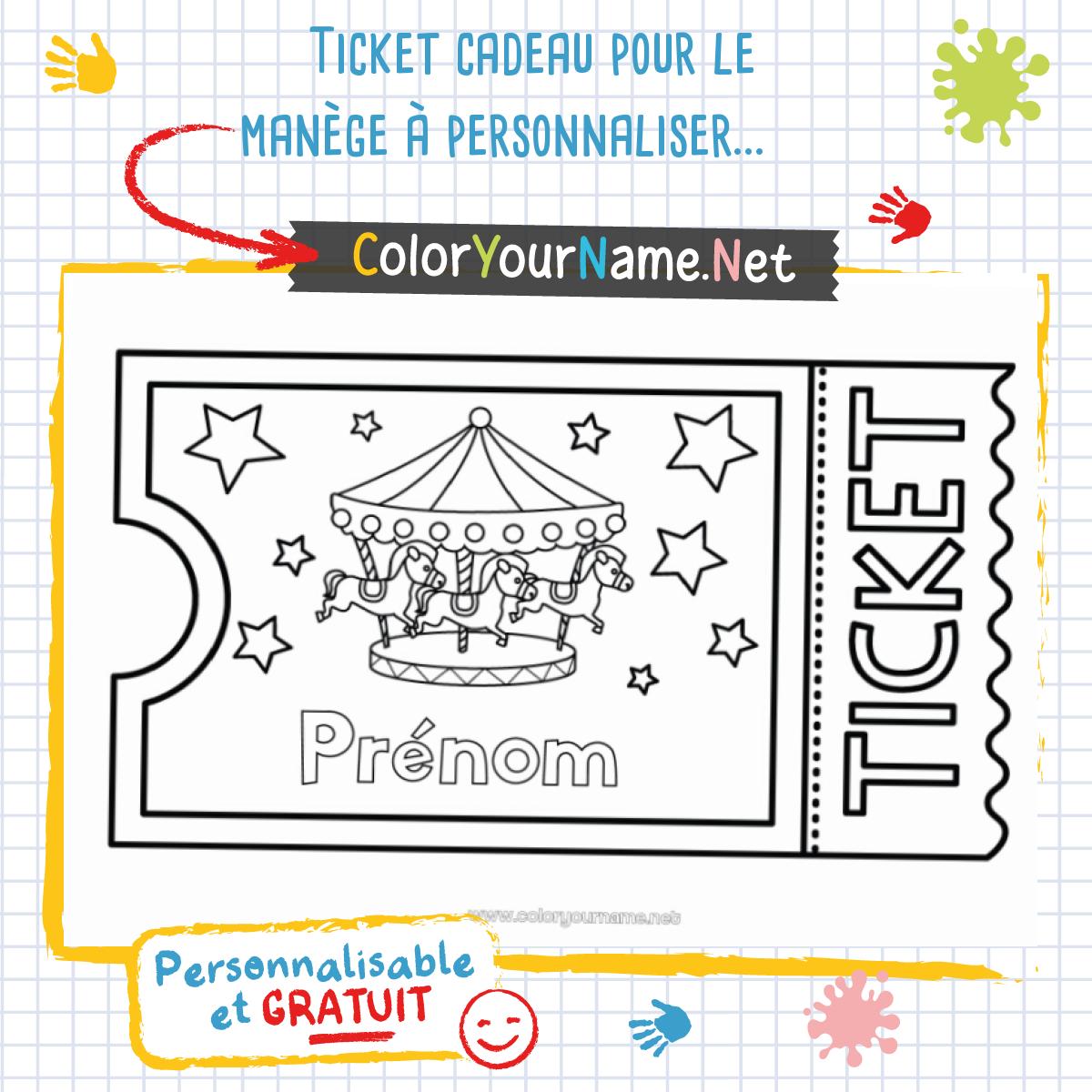 Ticket cadeau pour le manège à personnaliser et colorier